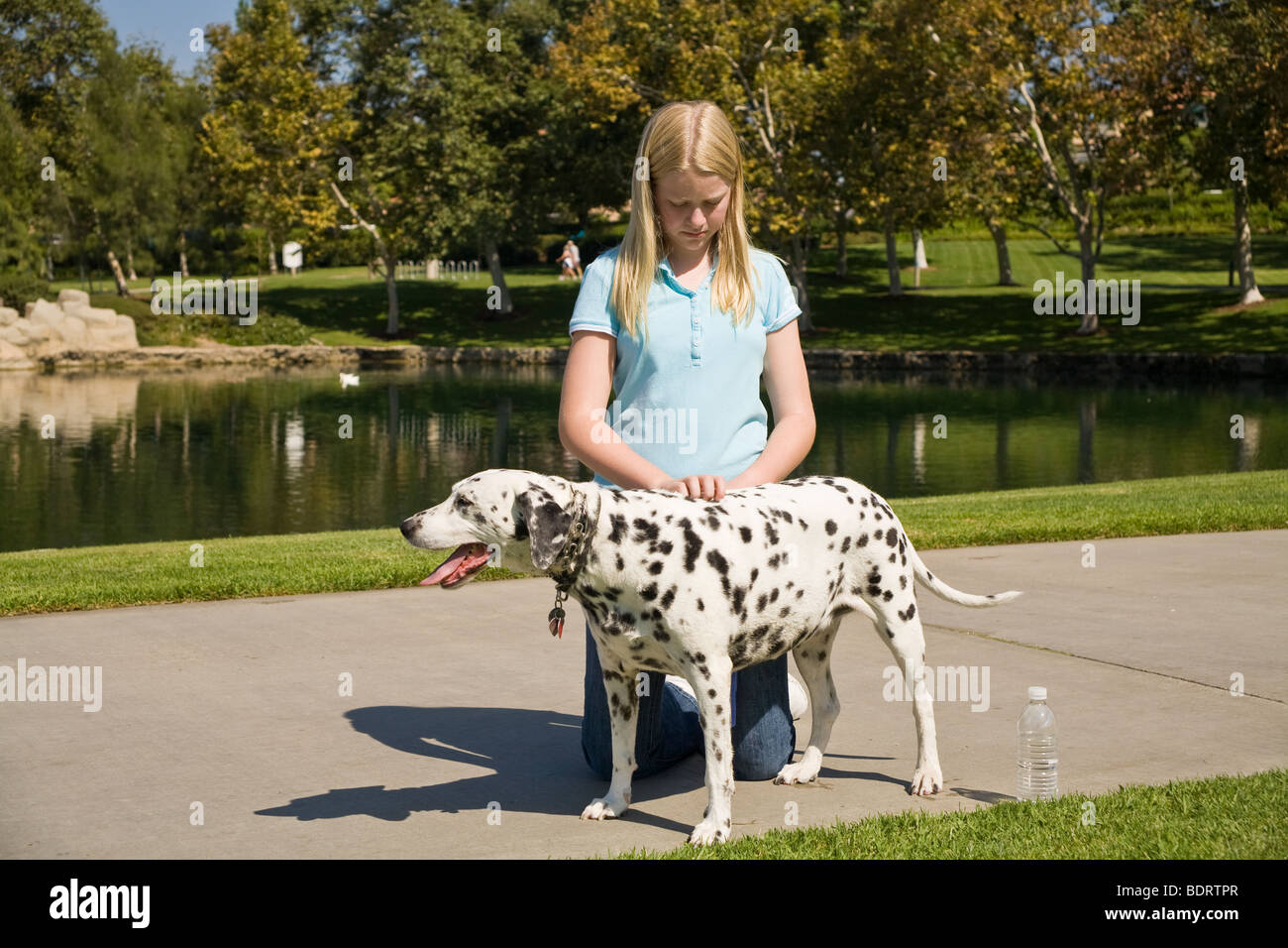 Caucasian 11-13 year old years age girl child playing play plays dog ...