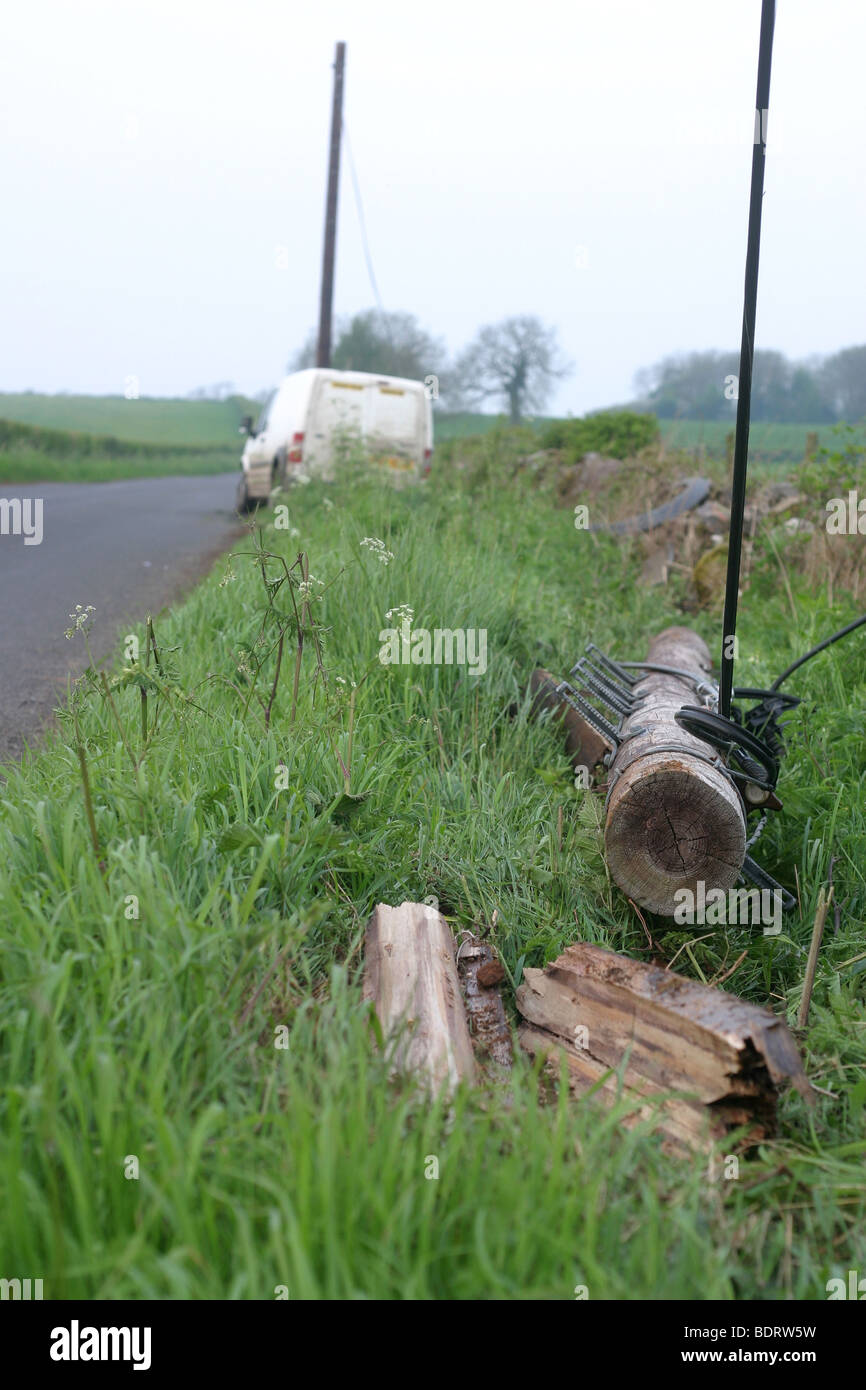 Small van which has crashed in to a power line pole, detail of pole ...