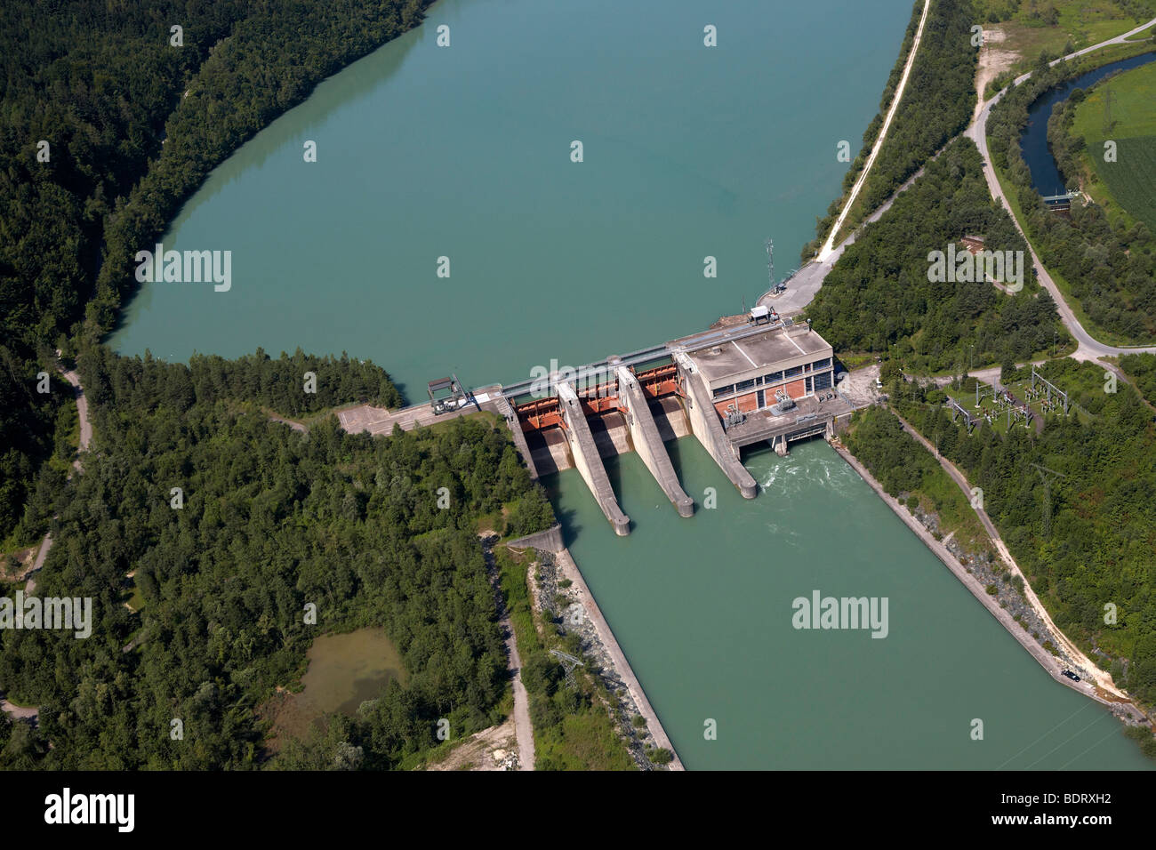 Hydroelectric power station on the Drau River in Galicia, aerial photo ...