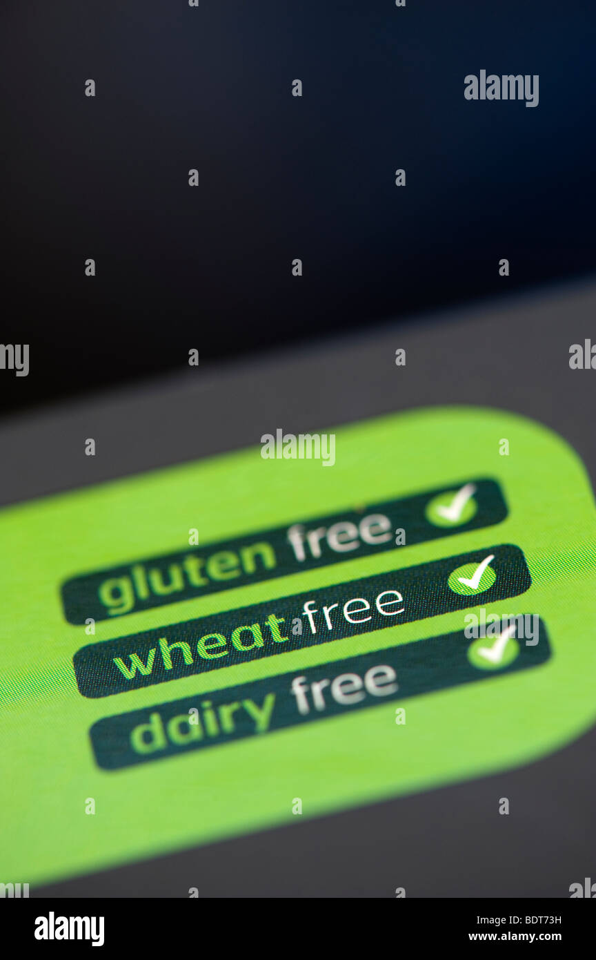 Wheat free, Gluten free, food packet labeling Stock Photo - Alamy