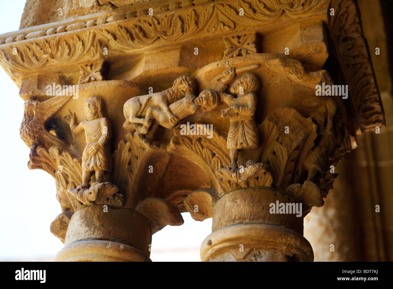 Decorated medieval historicated column capitals in the clositers of ...