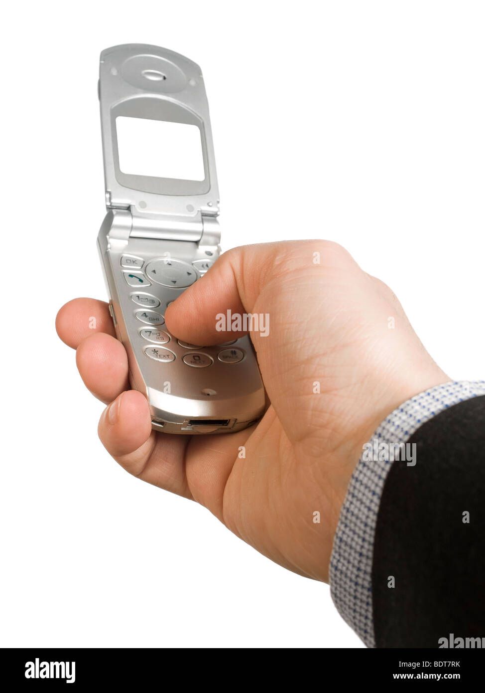 A man's hand holding a cell phone over white background Stock Photo - Alamy