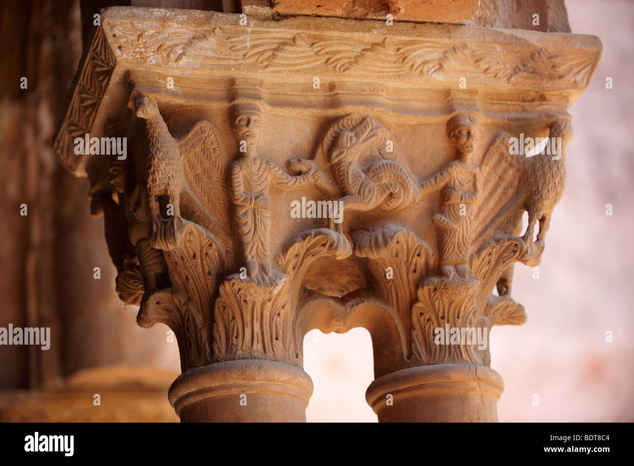 Decorated medieval historicated column capitals in the clositers of ...