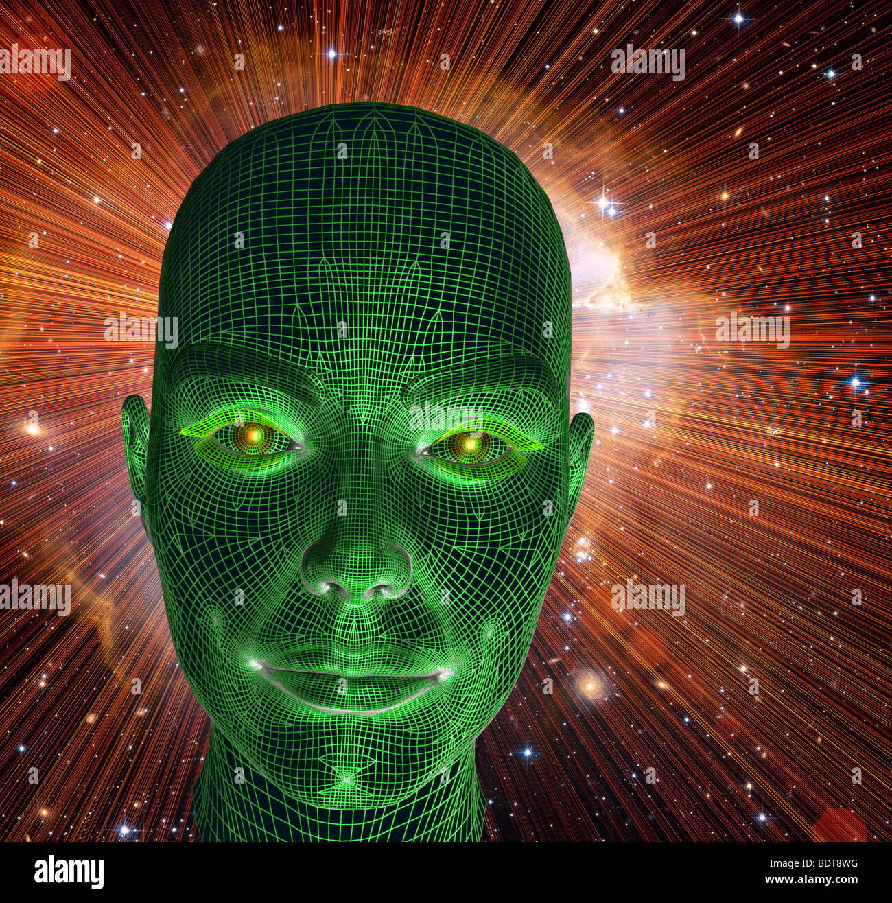 3D computer generated wire frame female robot with exploding background ...