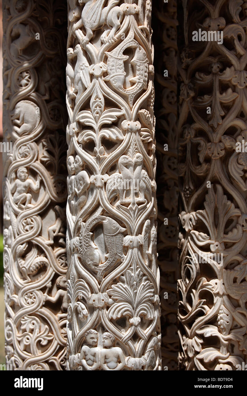 Sculpted columns of the cloisters of Monreale Cathedral - Palermo ...