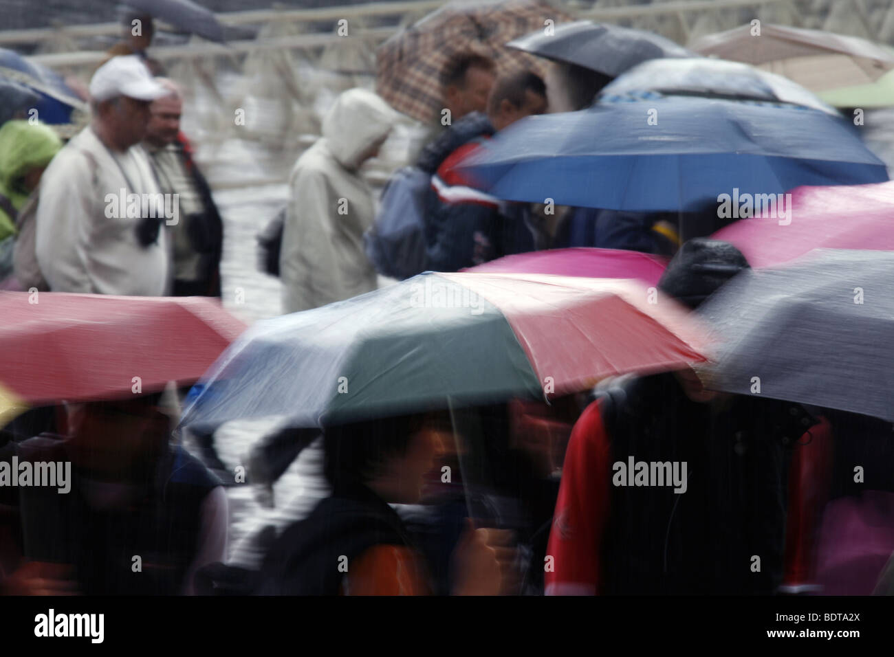 crowd of people with umbrellas in heavy rain in city town Stock Photo ...