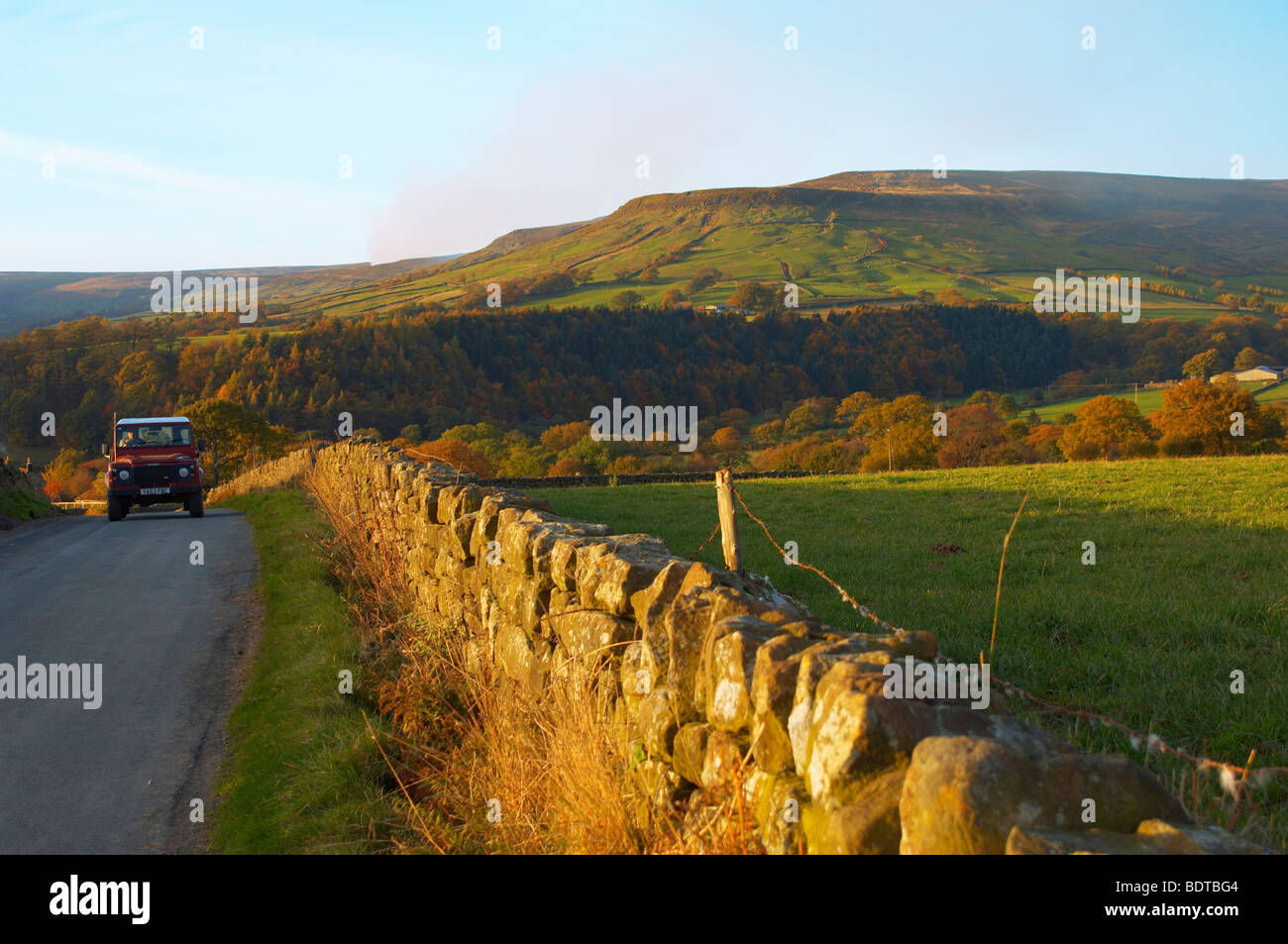 Farndale farm with autumn colours and Landrover, North Yorkshire Moors ...