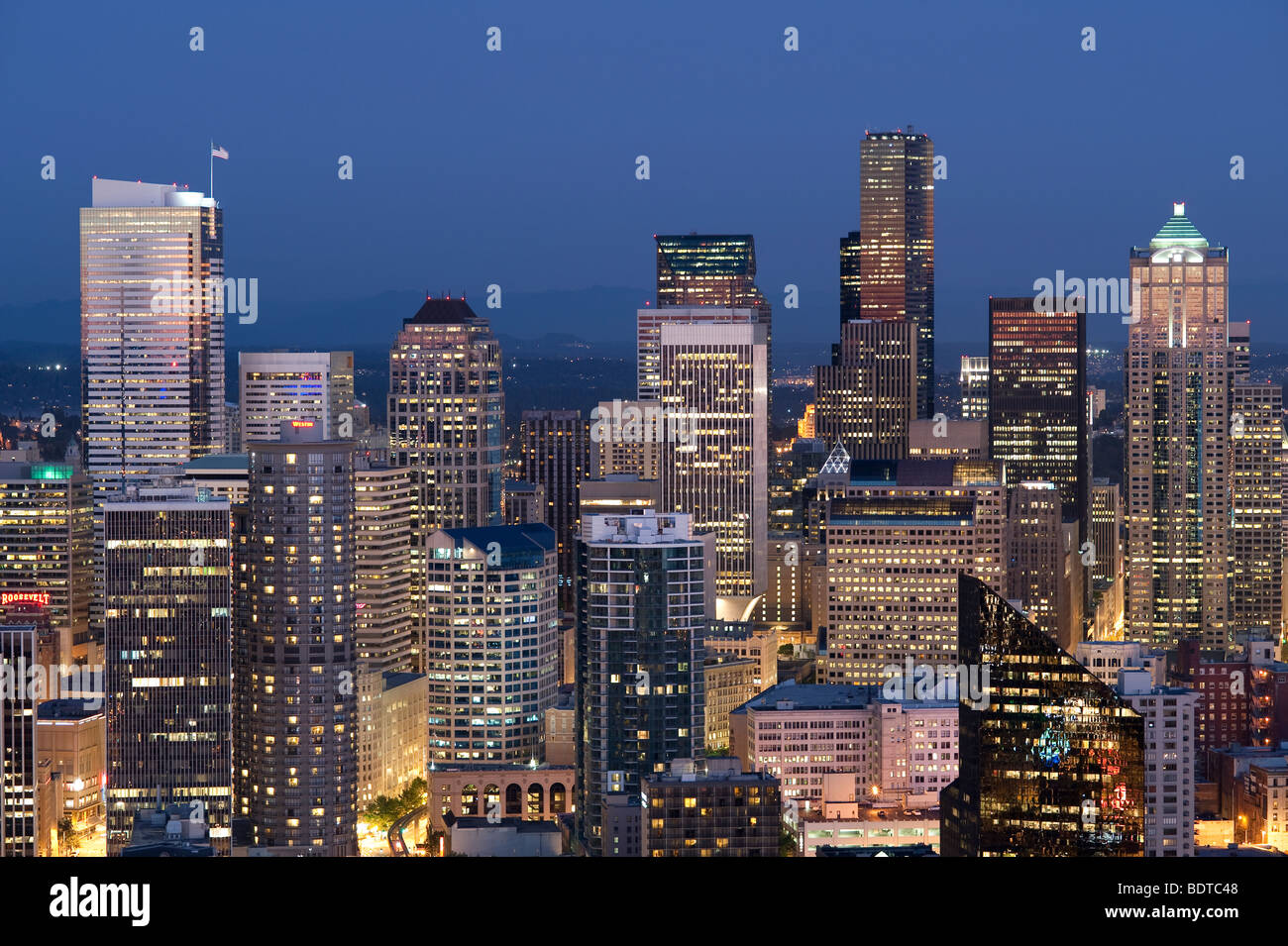 Retro Image of Seattle Skyline and downtown building at sunset with ...