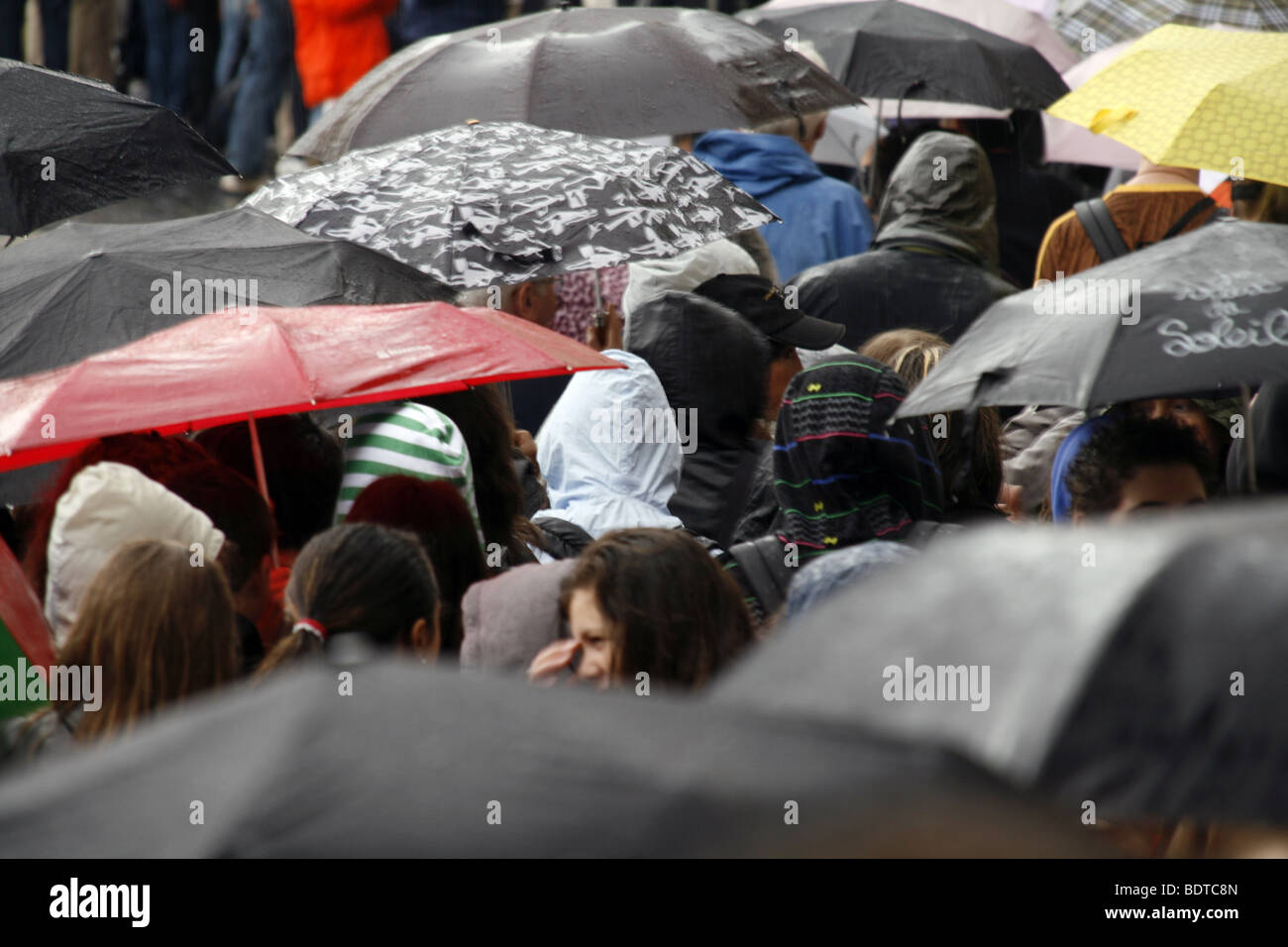 people with umbrellas in heavy rain in city town Stock Photo - Alamy