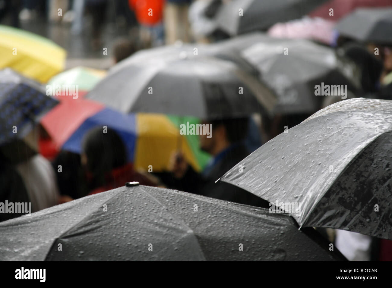 people with umbrellas in heavy rain in city town Stock Photo - Alamy