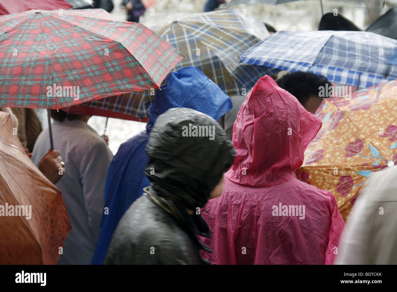 people with umbrellas in heavy rain in city town Stock Photo - Alamy