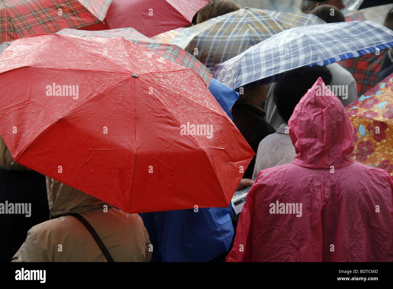 people with umbrellas in heavy rain in city town Stock Photo - Alamy