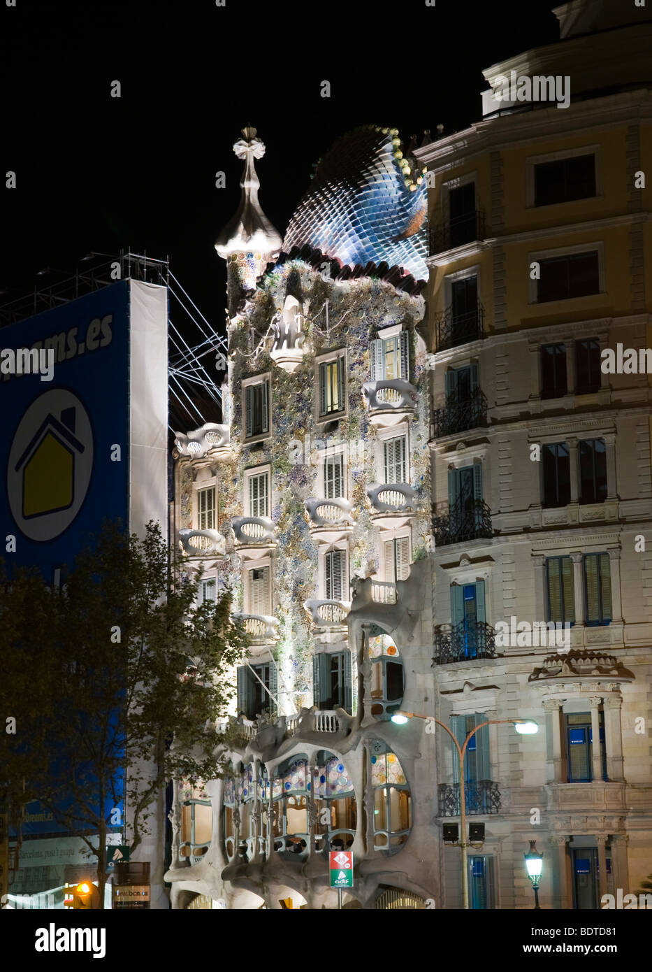 Casa Batllo exterior at night, designed by Antoni Gaudi, in Barcelona ...