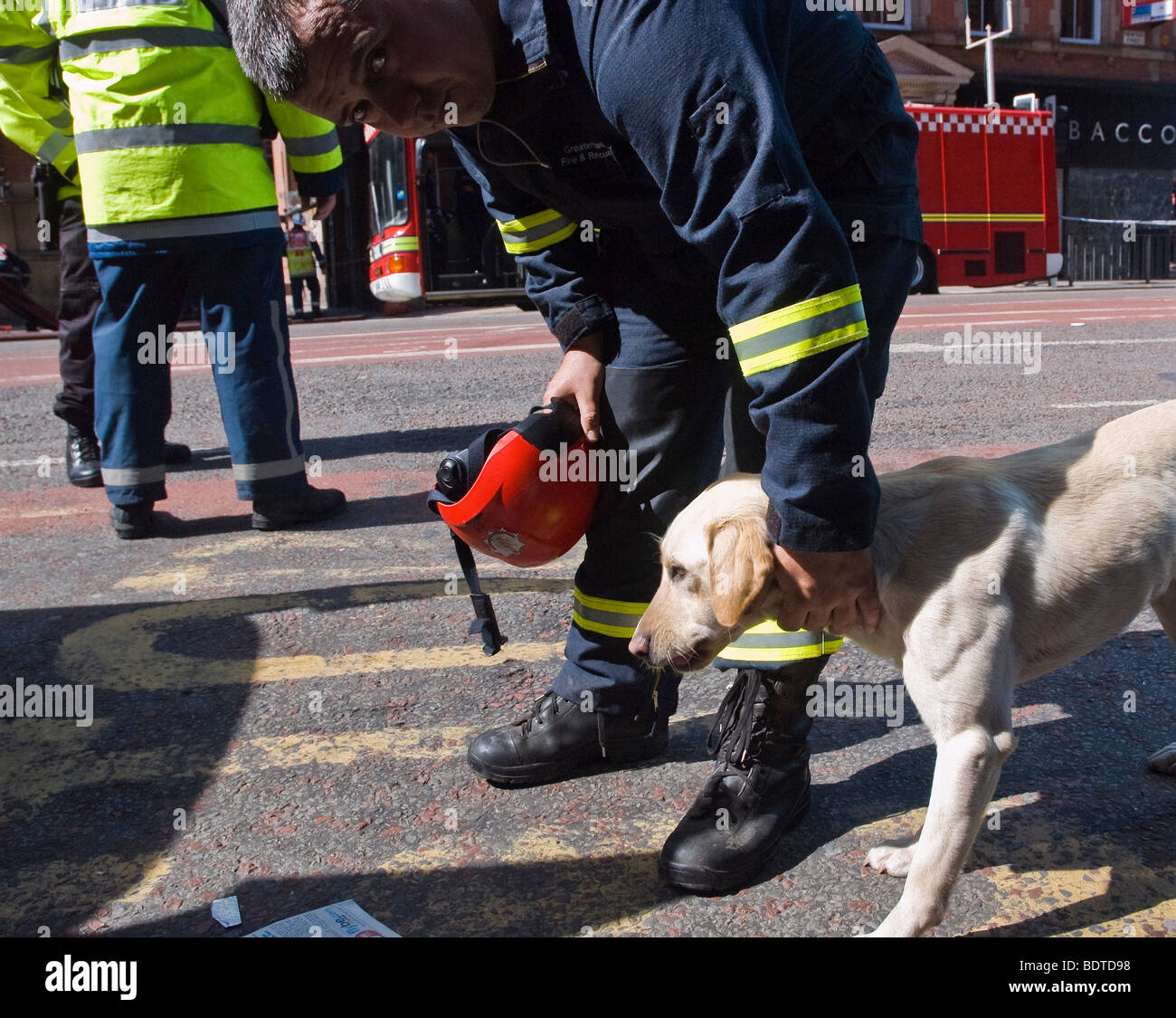 A rescue dog and handler during the aftermath of the April 30th, 2007 ...