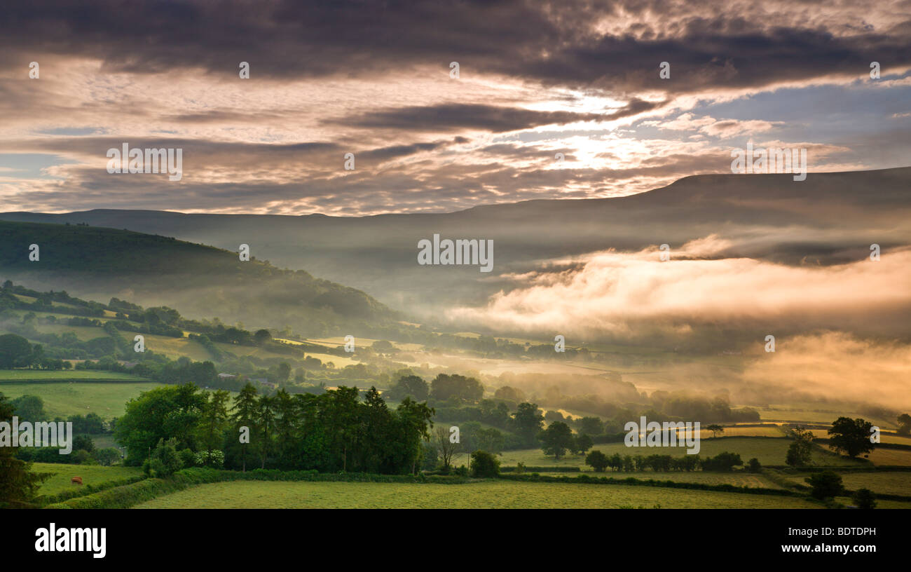 Mist hanging over countryside near Bwlch, Brecon Beacons National Park ...