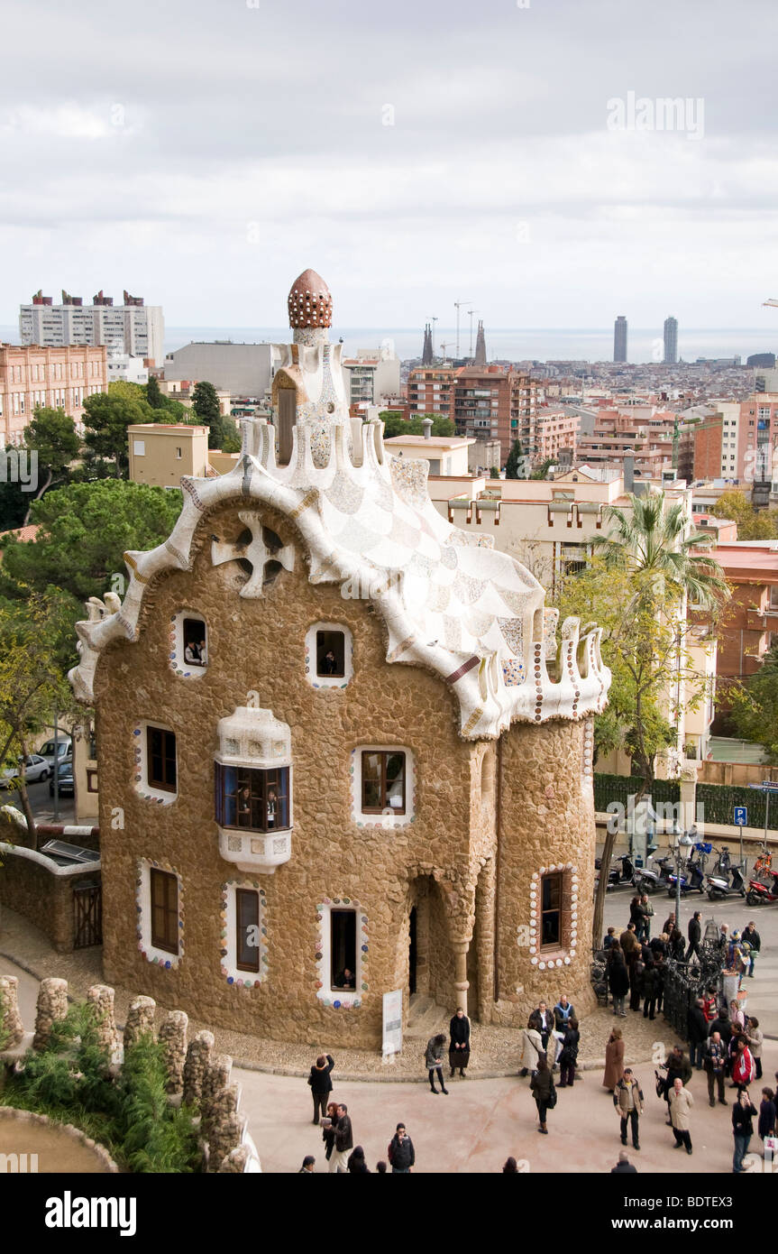 One of the gate houses of Park Guell, designed by Antoni Gaudi, in ...