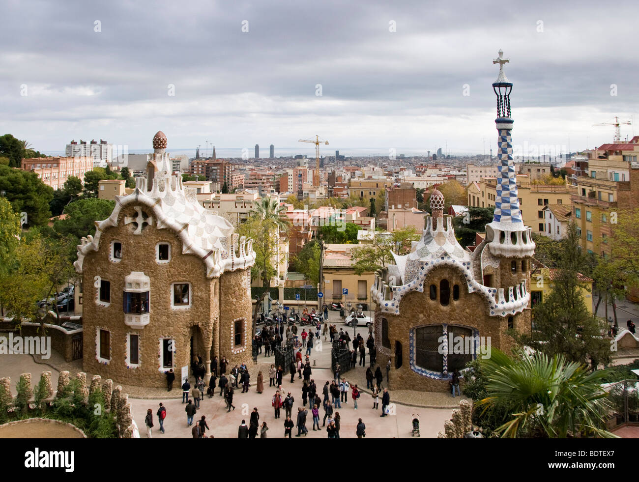 The gate houses of Park Guell, designed by Antoni Gaudi, in Barcelona ...