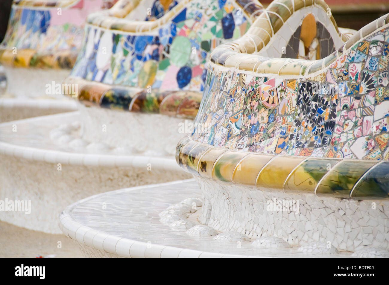 The benches in Park Guell, designed by Antoni Gaudi, in Barcelona ...