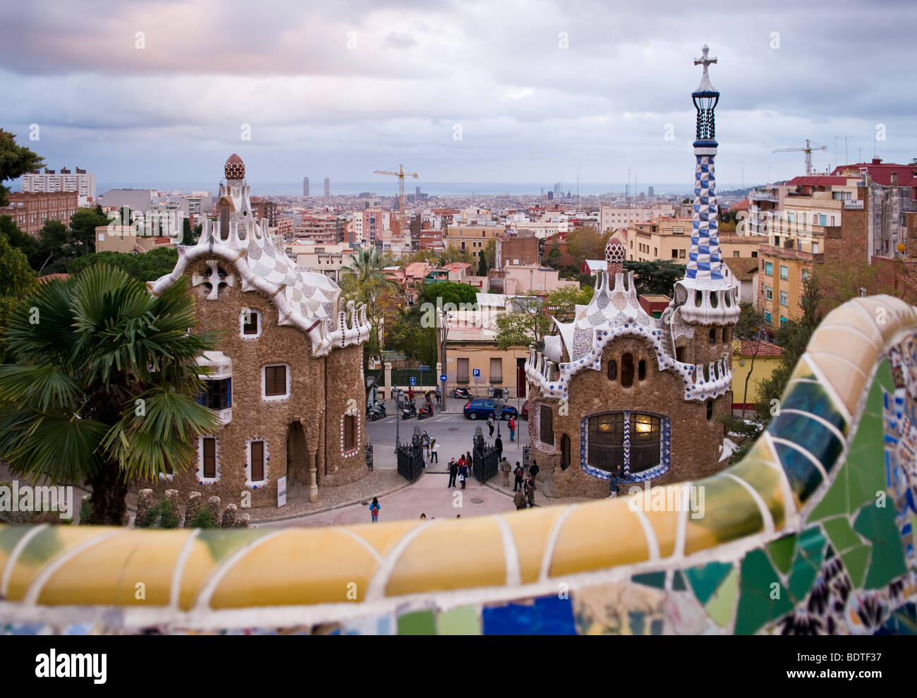 The gate houses of Park Guell, designed by Antoni Gaudi, in Barcelona ...