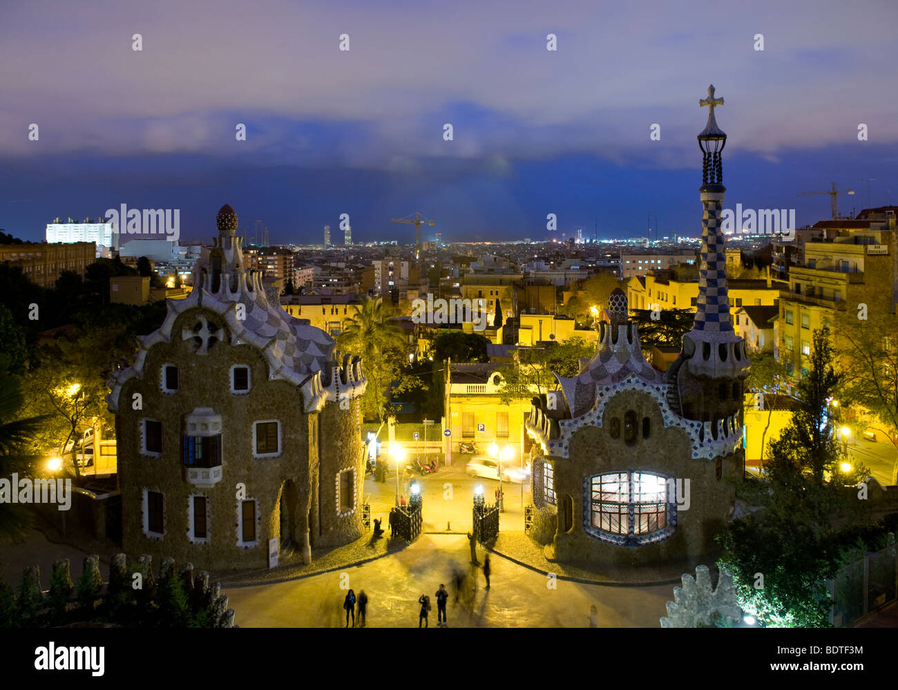 The gate houses of Park Guell, designed by Antoni Gaudi, in Barcelona ...