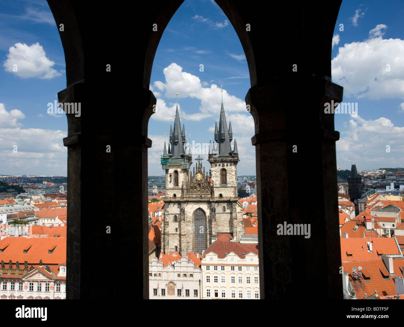 Tyn Church seen through the windows of the astronomical tower on the ...