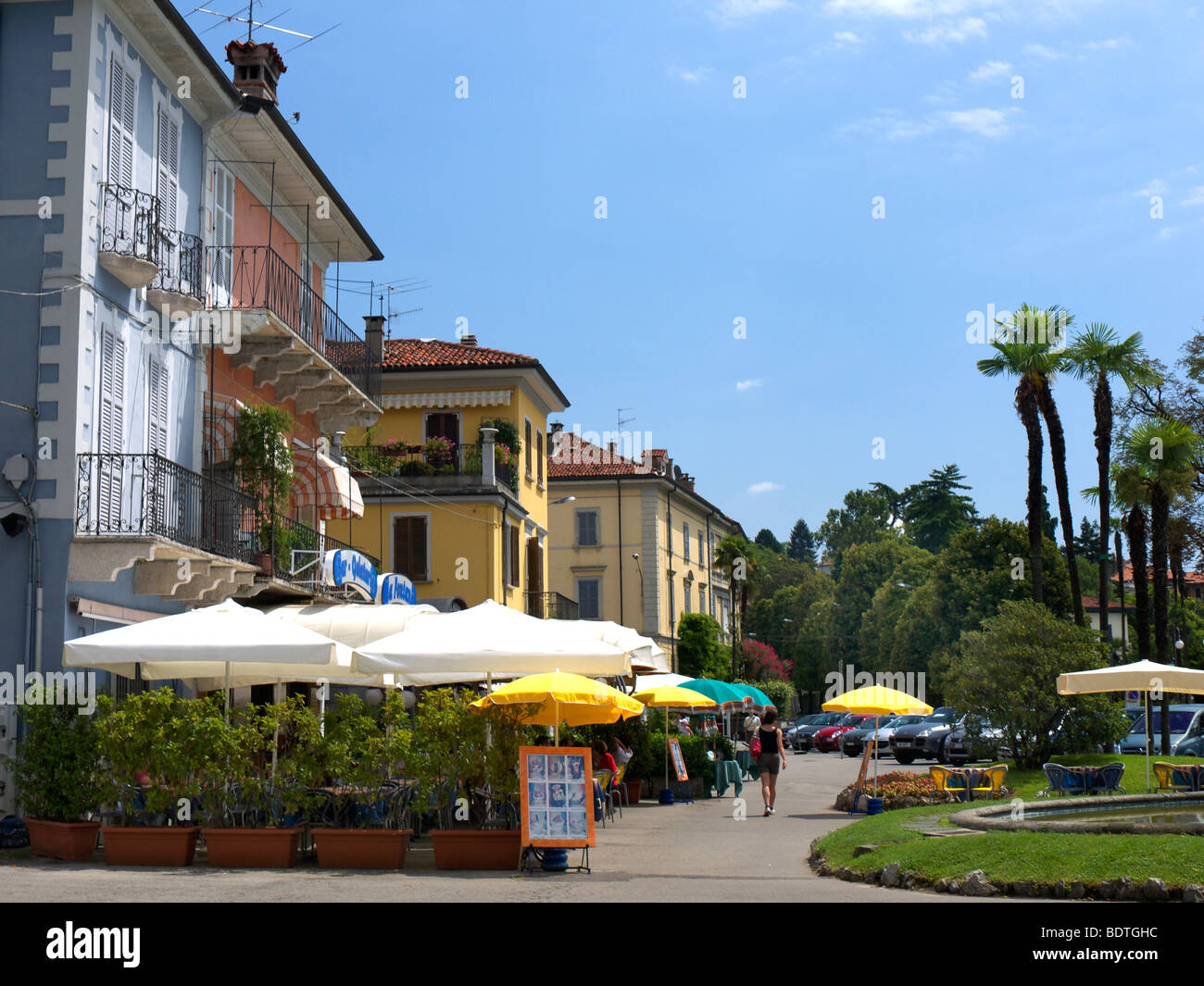 Cafes on waterfront at Pallanza on Lake Maggiore in the Northern ...