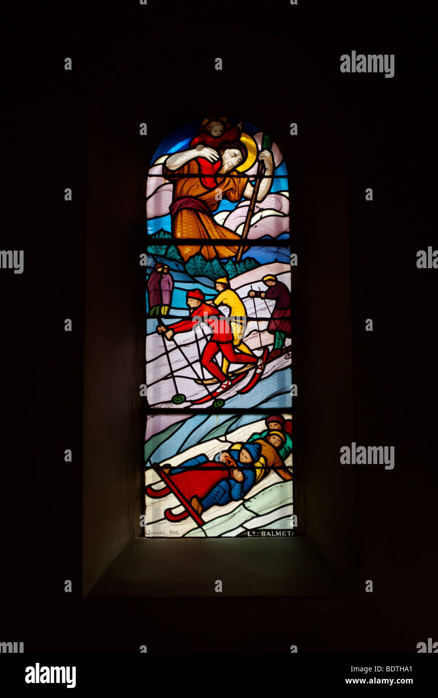 Stained glass depicting mountaineers at Chamonix village church ...
