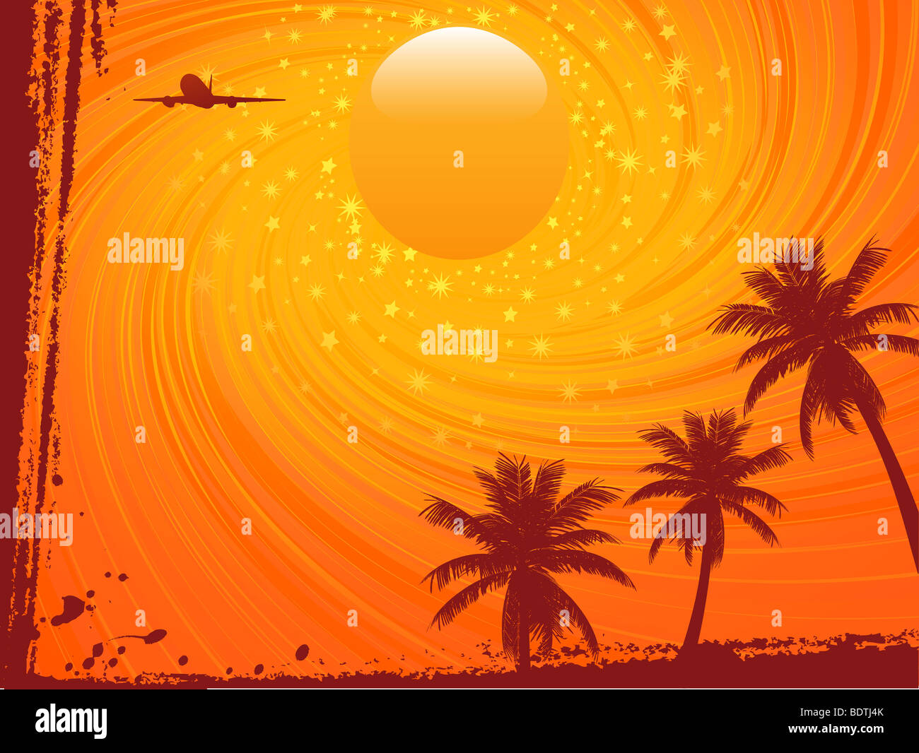 abstract grunge palm trees with summer sunset rays and plane Stock ...