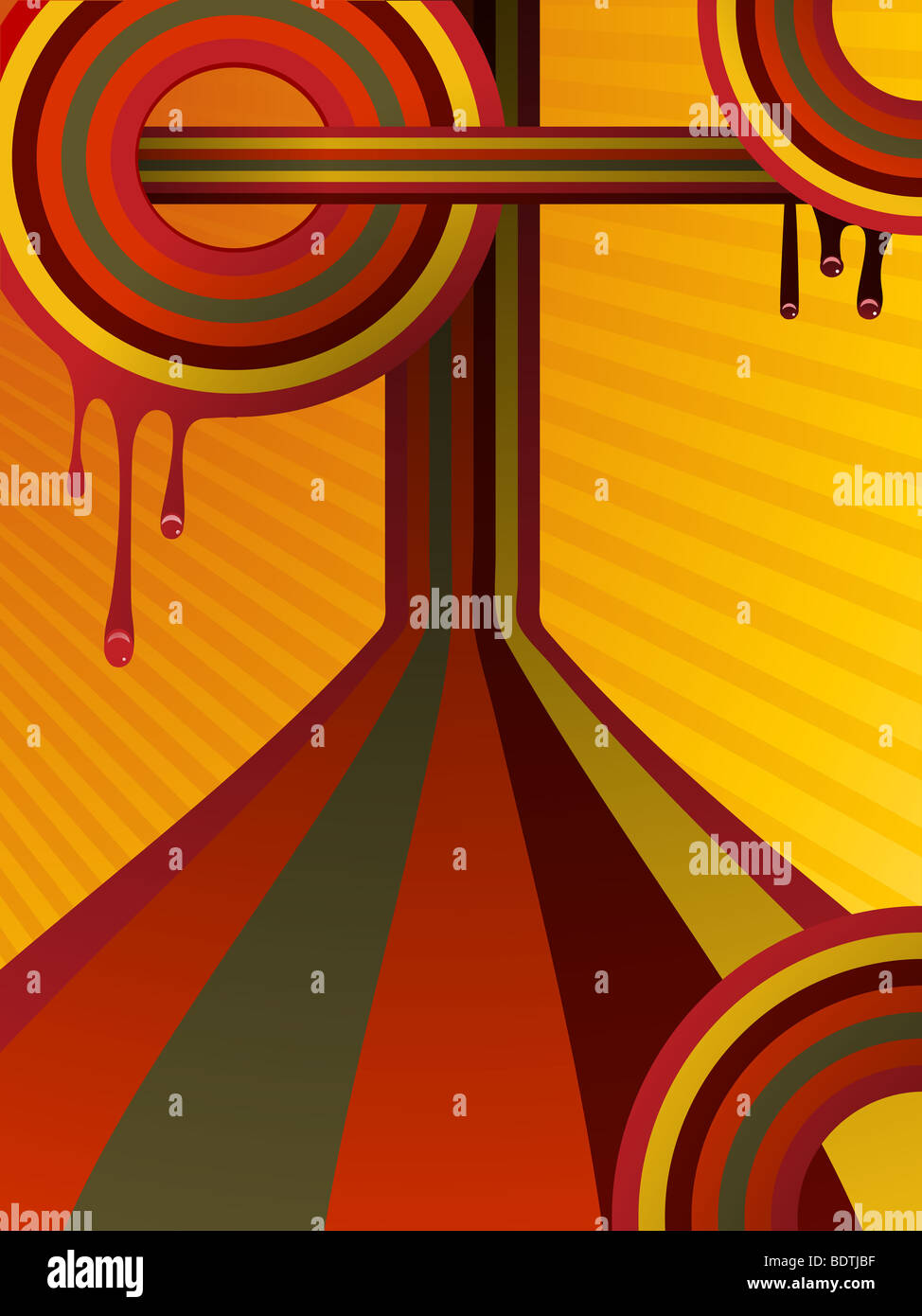 abstract orange retro background with dripping circles and perspective ...