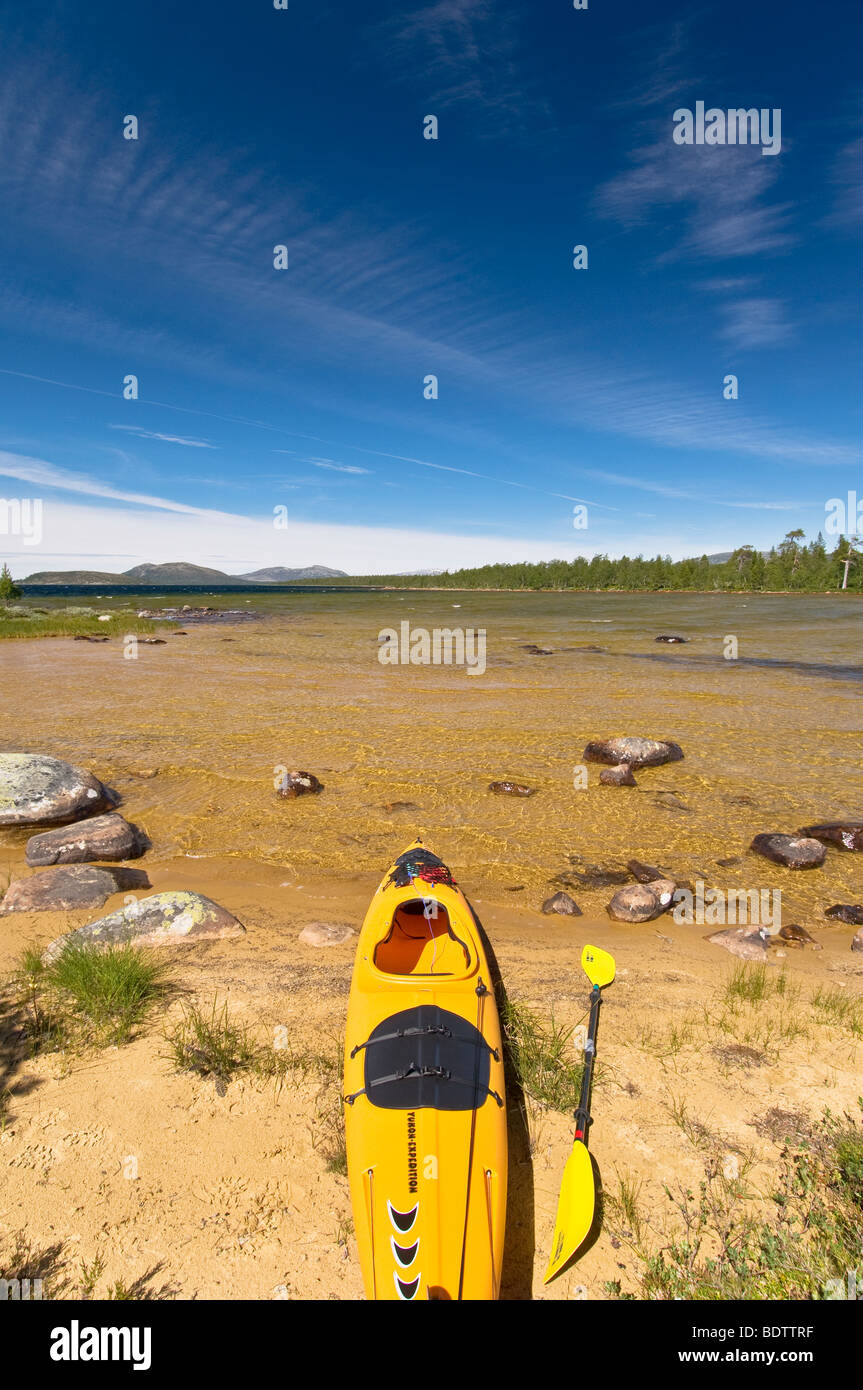 kayak at sandy beach of lake rogen, nature reserve, sweden Stock Photo ...