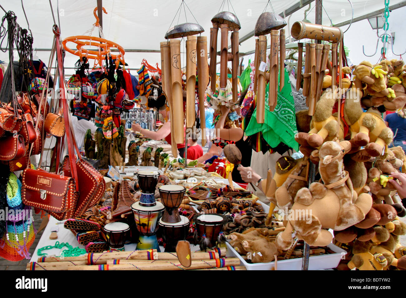 Various items for sale on a market stall in Lanzarote Stock Photo ...