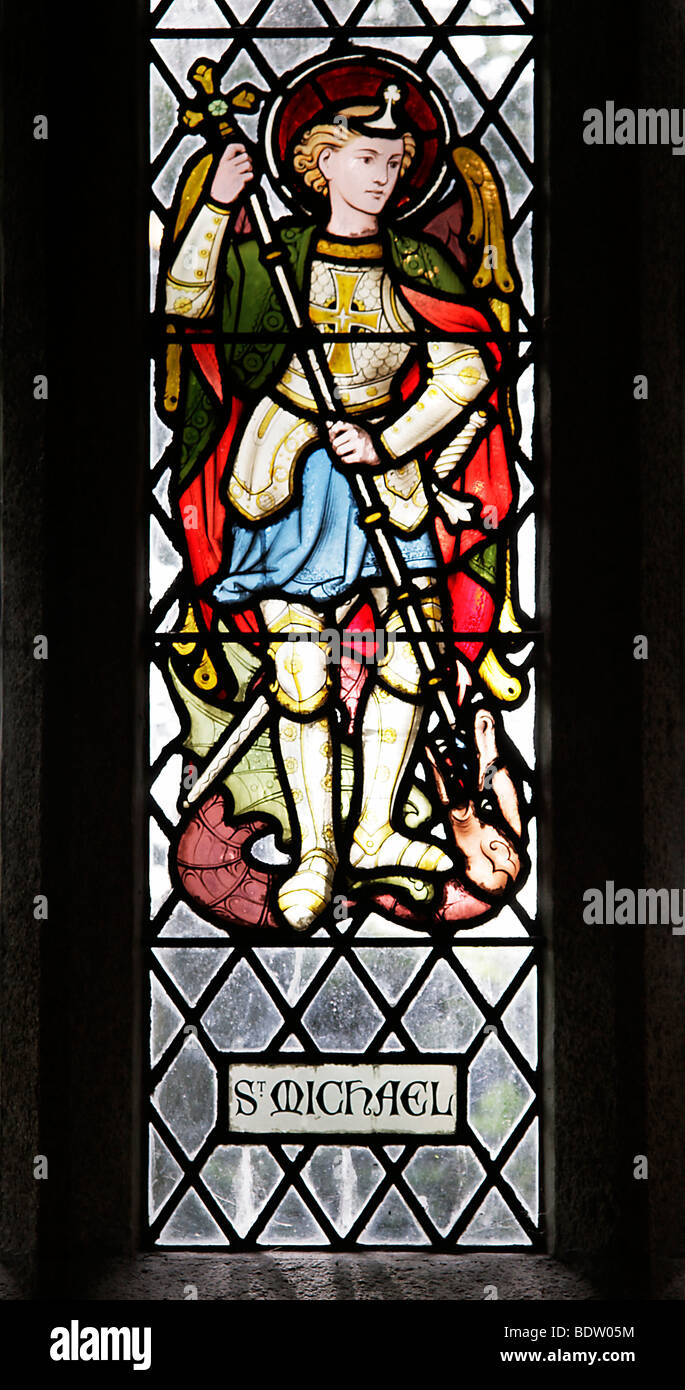A Stained glass window depicting Saint Michael, Michaelstow Church ...