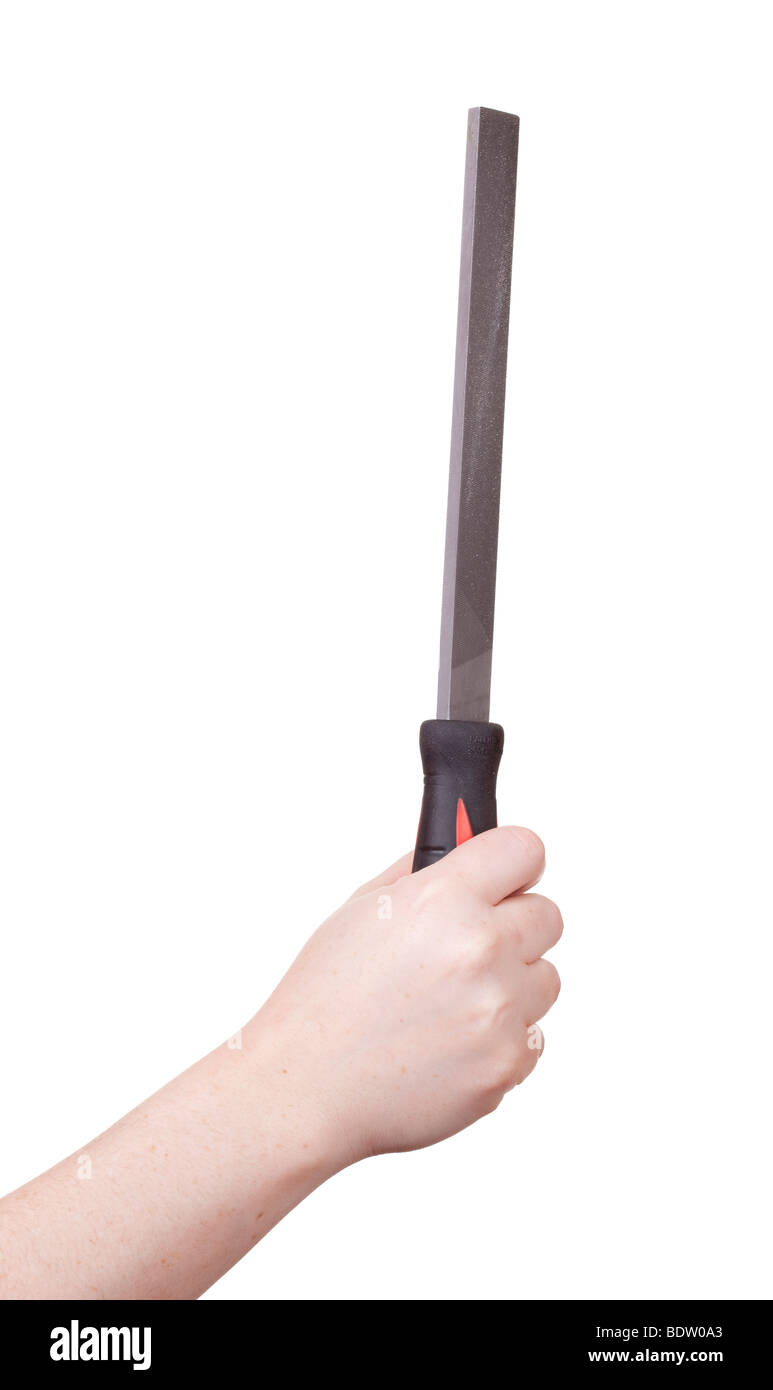hand with a file tool over a white background Stock Photo - Alamy