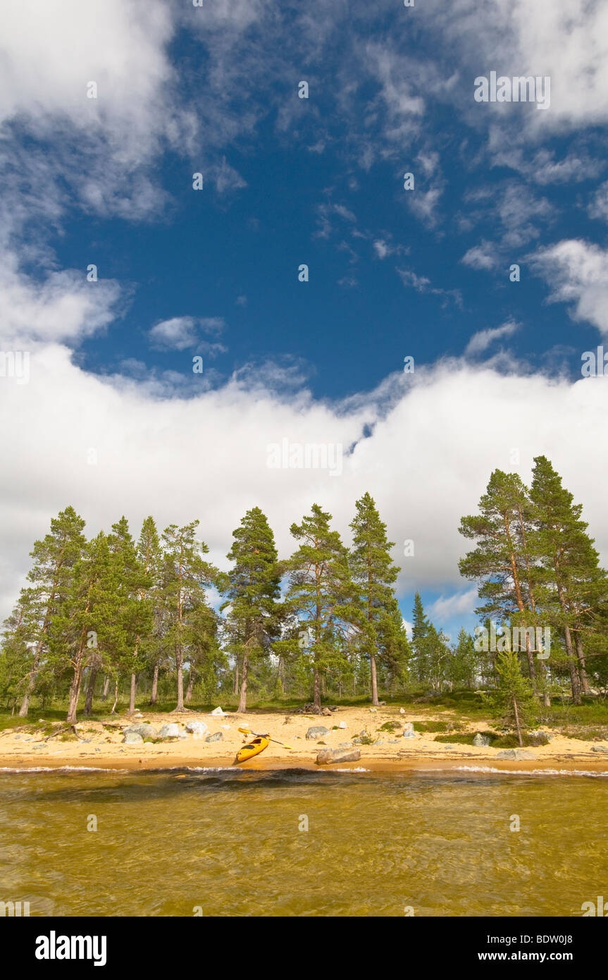 kayak at sandy beach of lake rogen, nature reserve, sweden Stock Photo ...