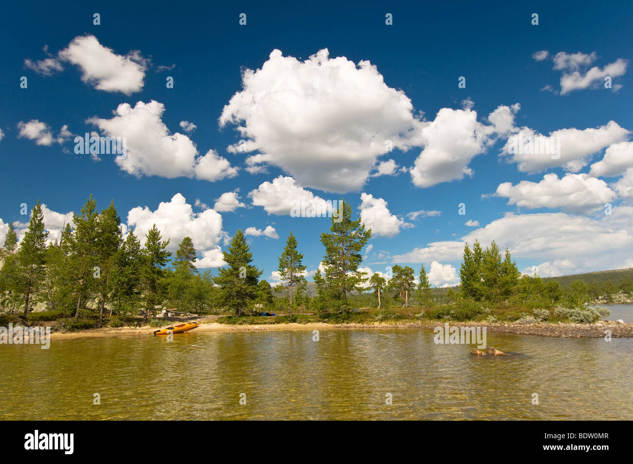 kayak at sandy beach of lake rogen, nature reserve, sweden Stock Photo ...