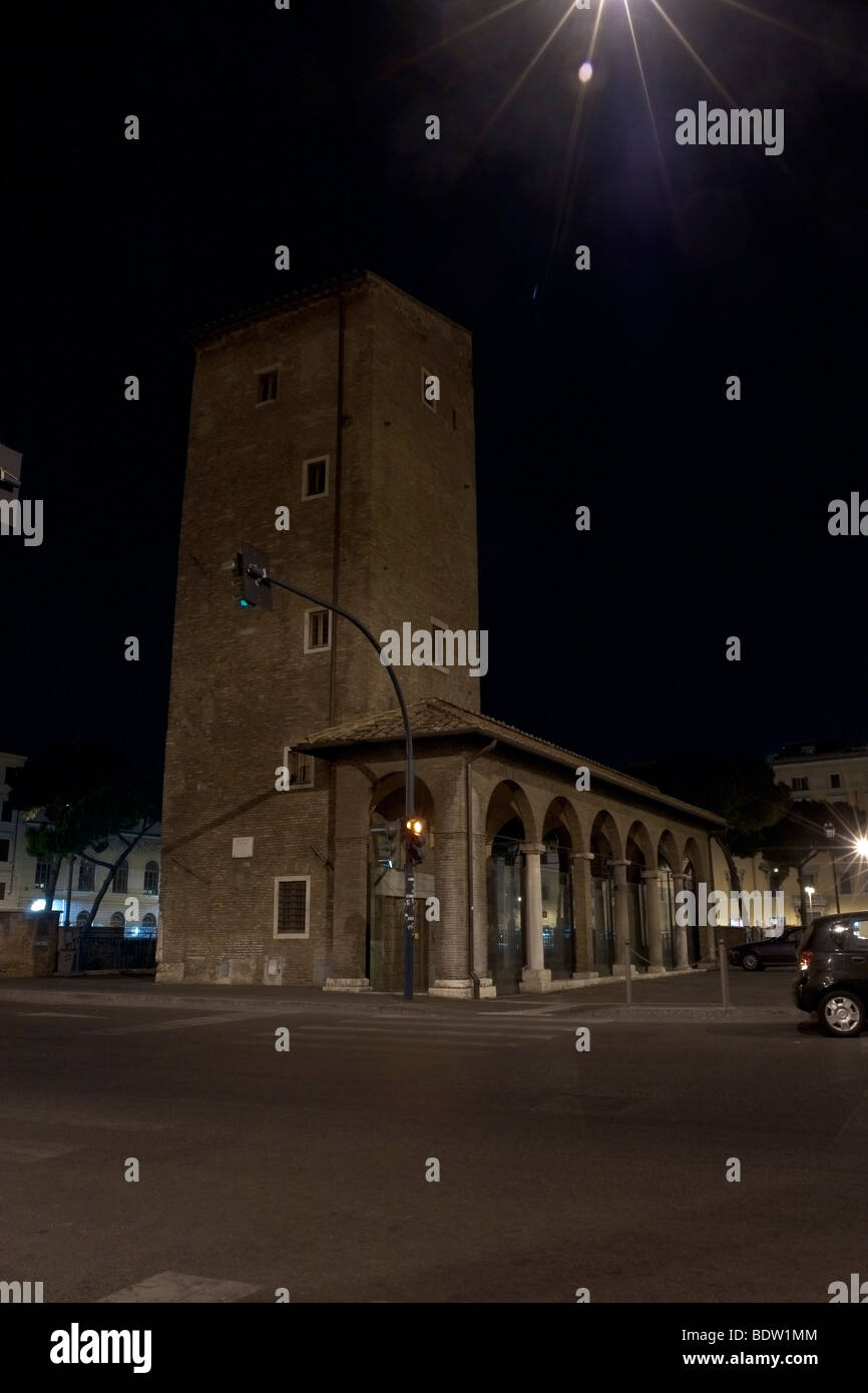 Rome, Italy. The ancient tower known as Torre del Papitto, at night ...