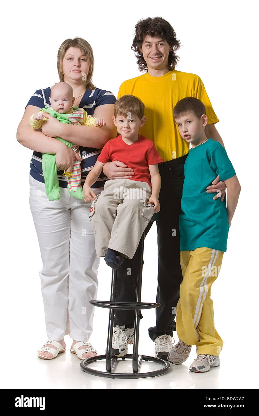 happy family with three children stand in full size, isolated on white ...