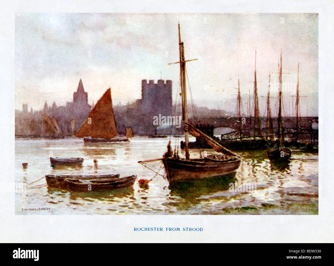 Rochester from Strood, Edwardian painting of the Medway town with the ...