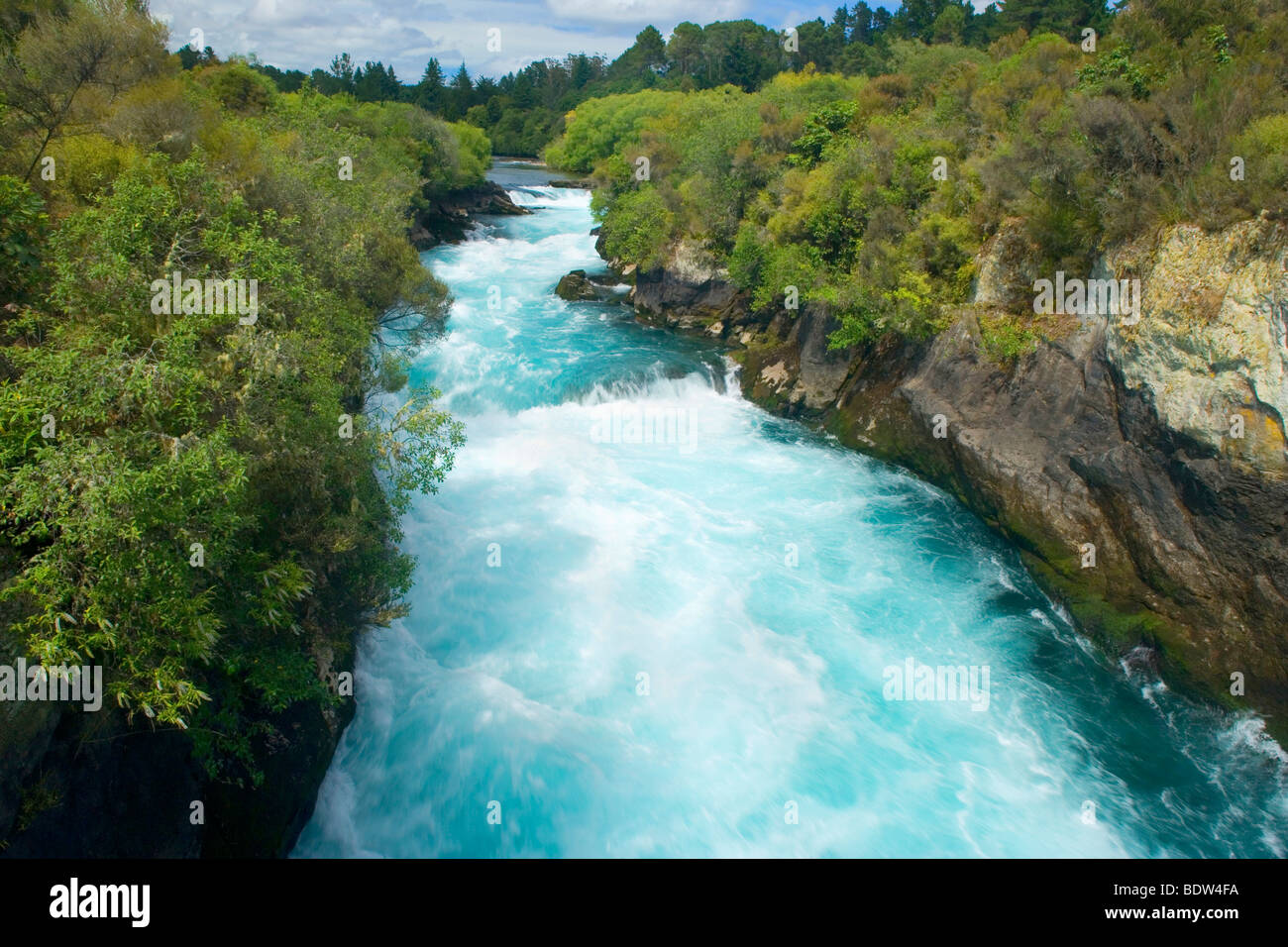 water masses of Waikato river rushing down a gorge towards Huka Falls ... water masses of Waikato river rushing down a gorge towards Huka Falls ...
