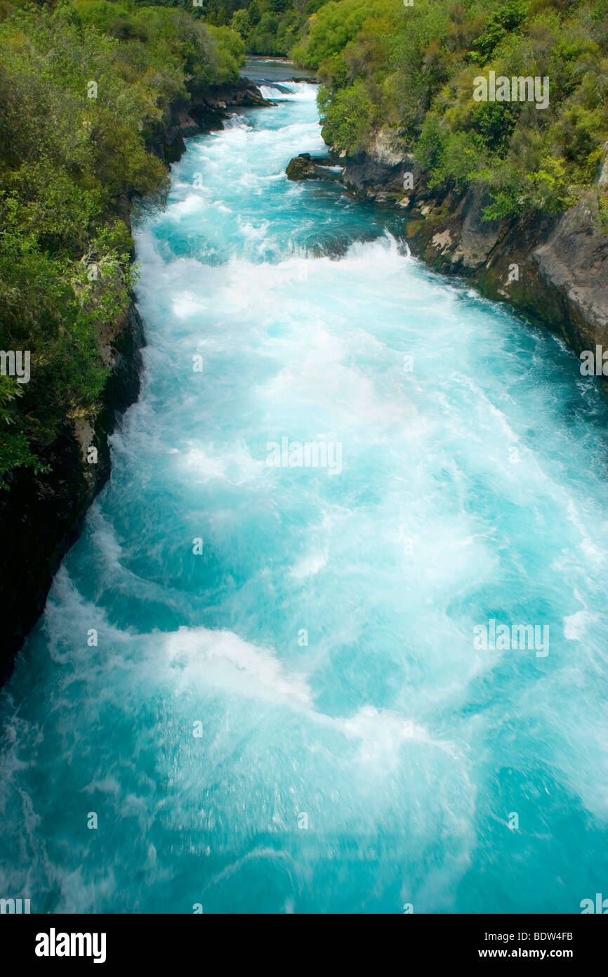 water masses of Waikato river rushing down a gorge towards Huka Falls ... water masses of Waikato river rushing down a gorge towards Huka Falls ...
