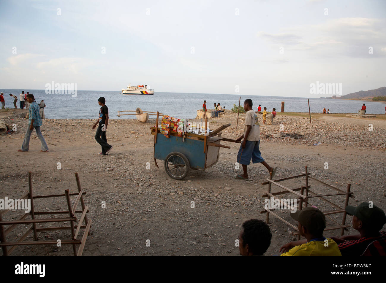 TIMOR LESTE Ferry from Dili viewed from the beach at Oecussi-Ambeno ...