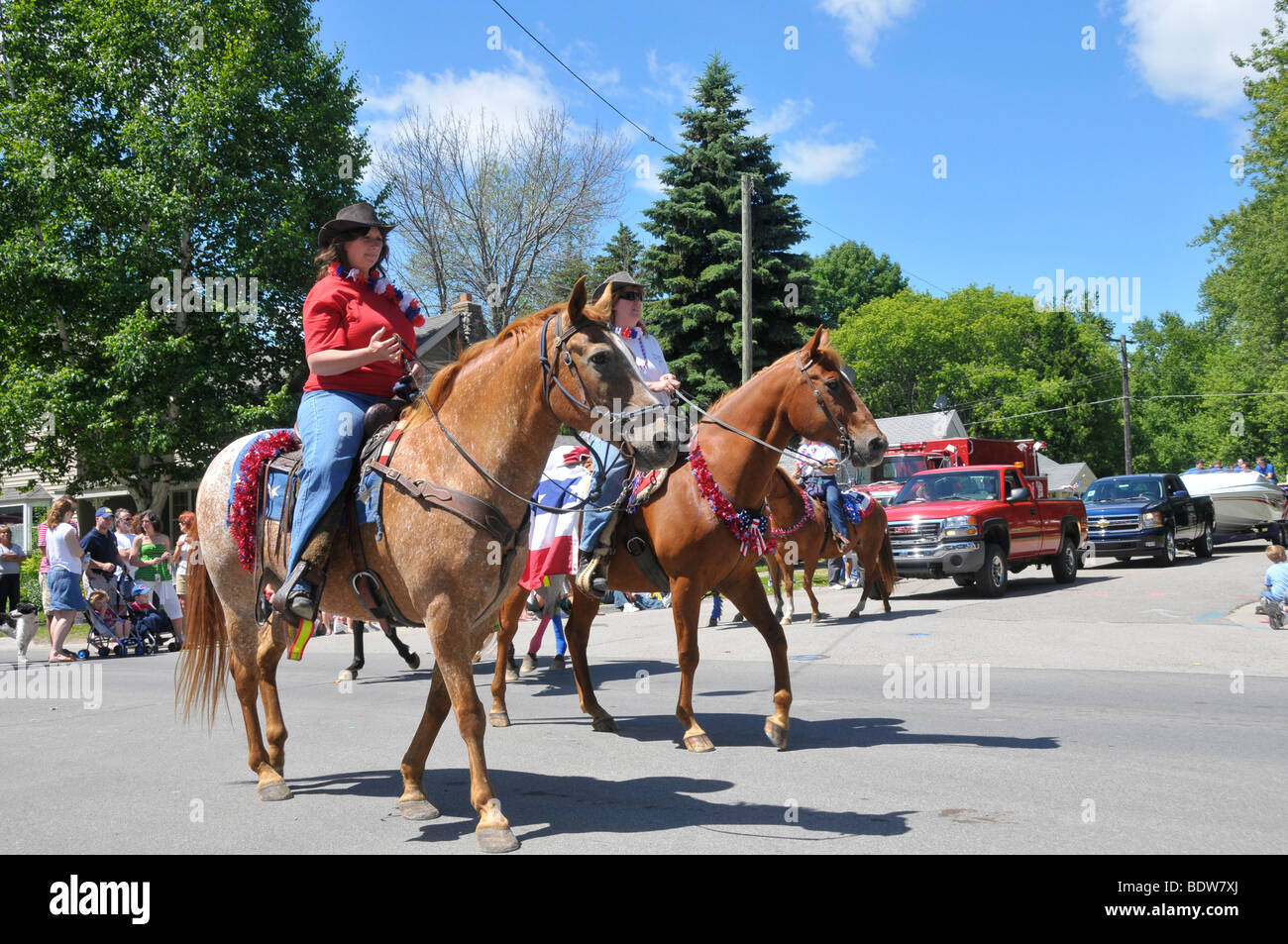 Female riders on decorated horses in patriotic parade Stock Photo - Alamy