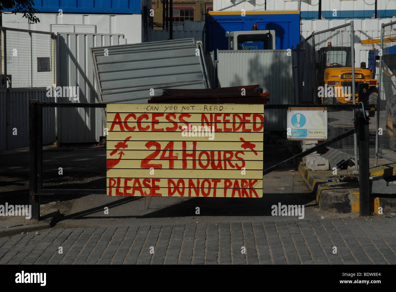 Construction site with the sign 'Access needed 24 hours - please do not ...