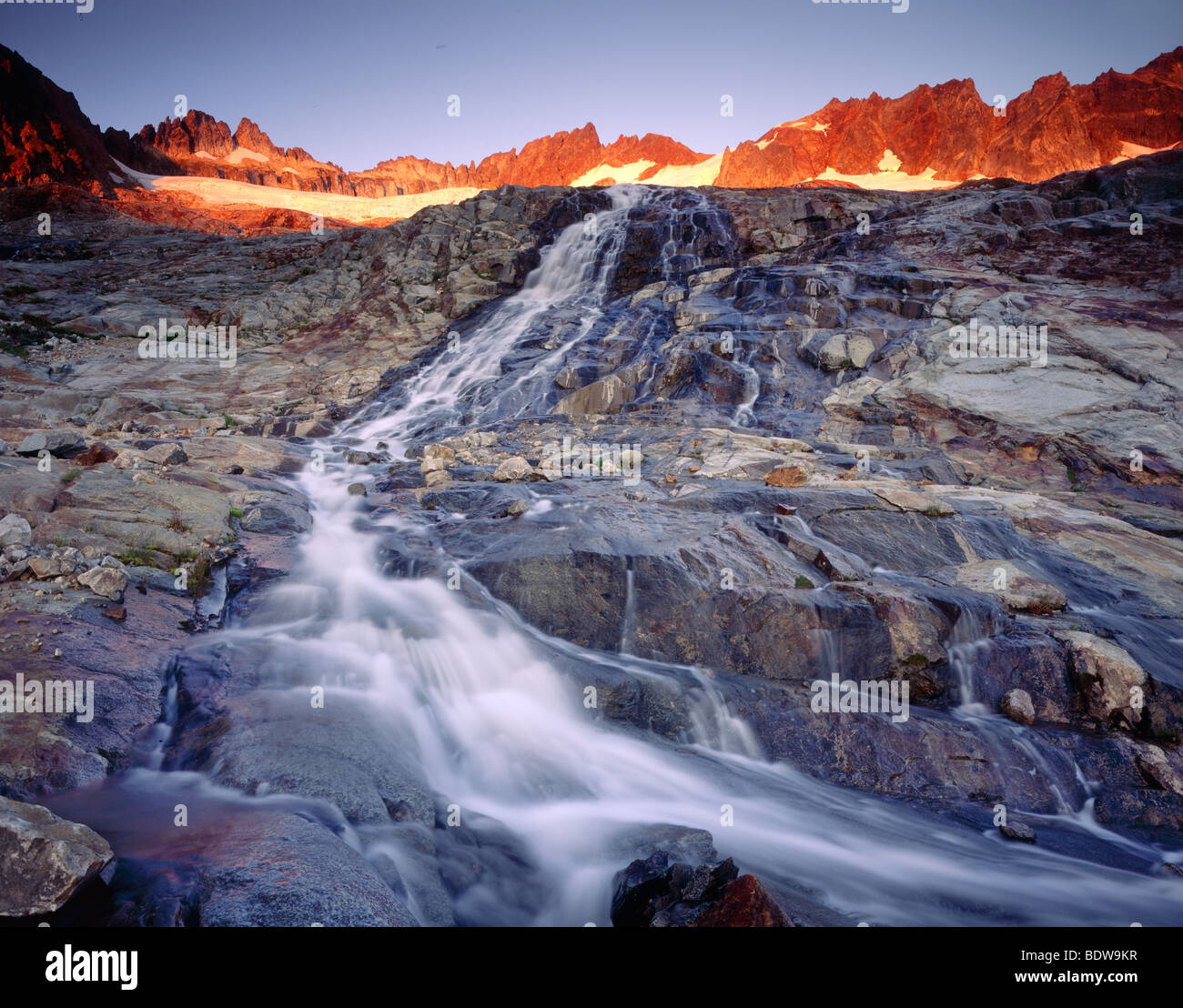 Stream flowing down glacial polished rocks, Boston Basin North cascades ...