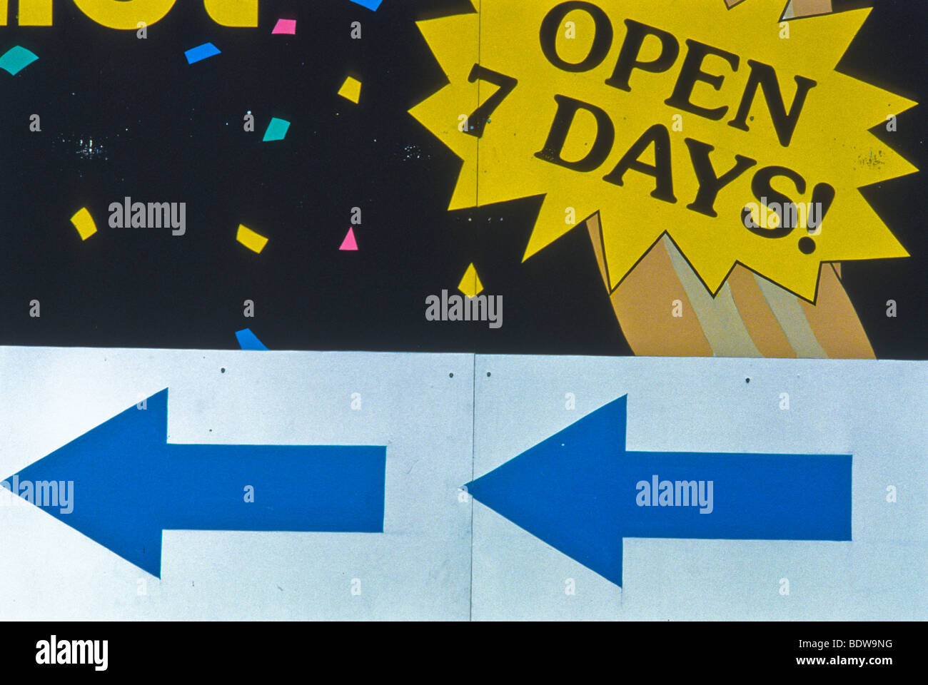 Open 7 days notice sign with direction arrows pointing to left Stock ...