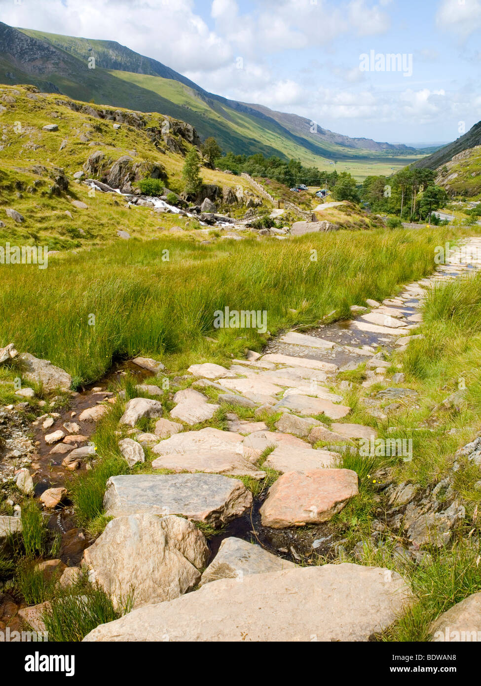 A rugged footpath leading down from the Glyders by Tryfan, Snowdonia ...