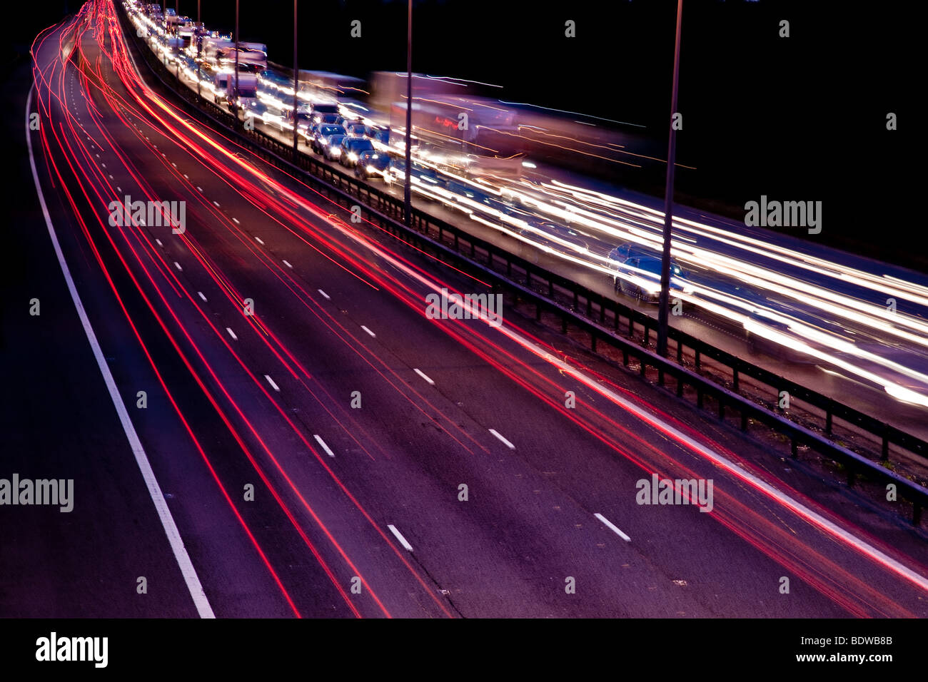 Headlight streams of motor vehicles at night on the M1 motorway Stock ...