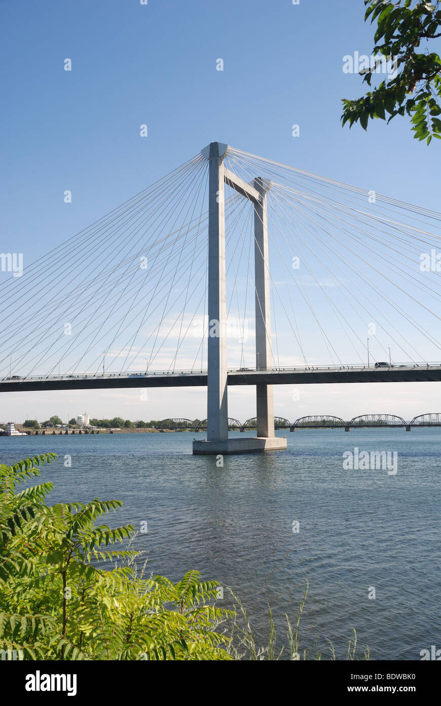 Suspension bridge supports and cables, with smaller bridge in ...