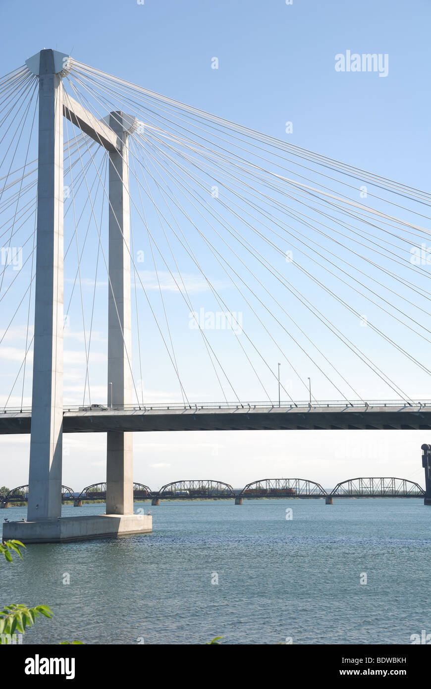 Suspension bridge supports and cables, with smaller bridge in ...