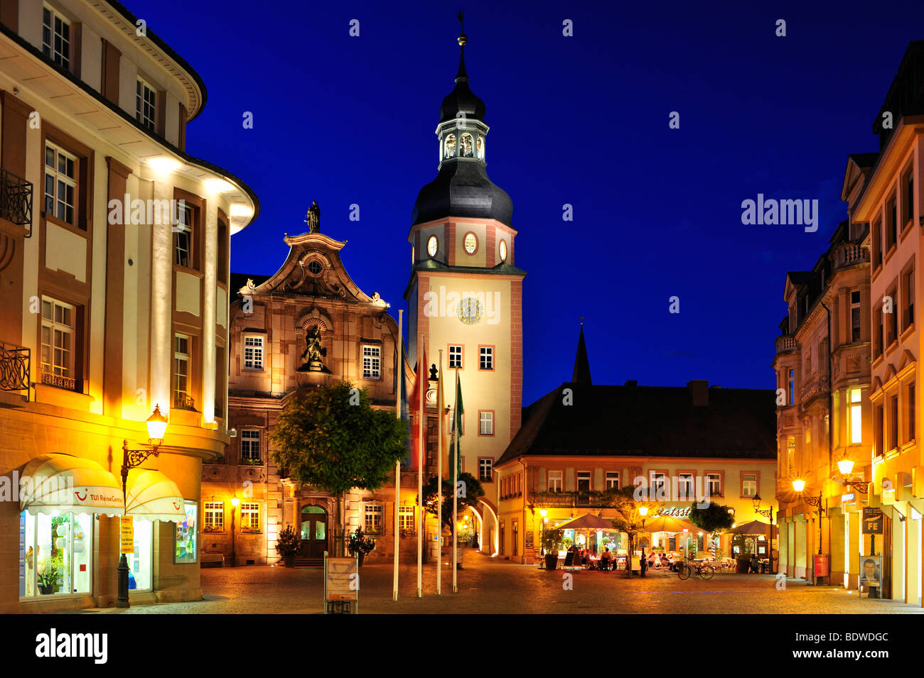 Market square with town hall and town hall tower, Ettlingen, Germany ...